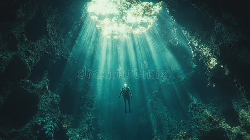 Girl Diving in a Cave with a Ray of Light Coming Above Her Stock ...