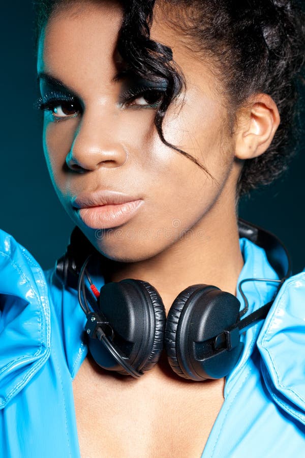 Girl DJ with headphones stock image. Image of lady, black - 16581701