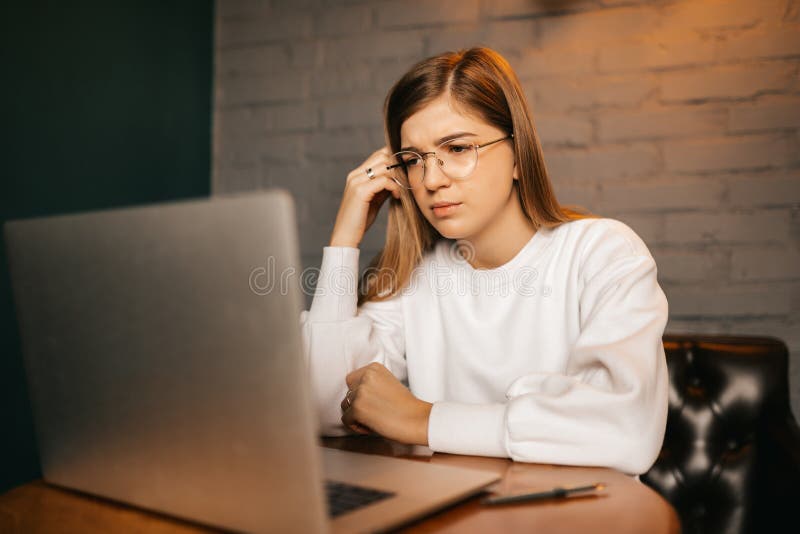 The Girl Does Hard Work at the Computer, Complex Tasks Stock Photo ...