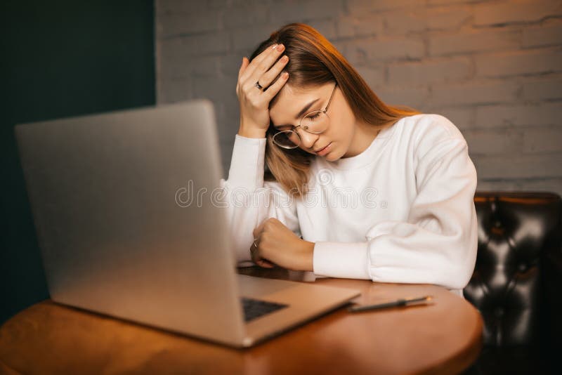 The Girl Does Hard Work at the Computer, Complex Tasks Stock Photo ...