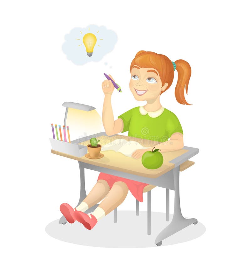 Cartoon Smart Girl Writing Book on Table Stock Vector - Illustration of ...