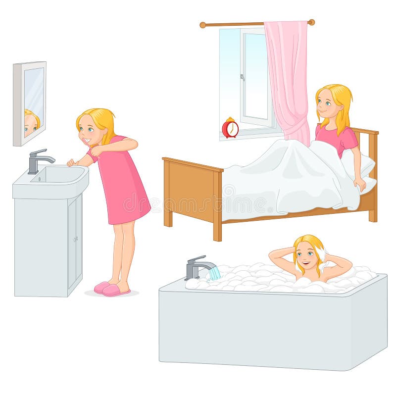 Girl Doing Her Morning Routine Vector Illustration Stock Vector ...