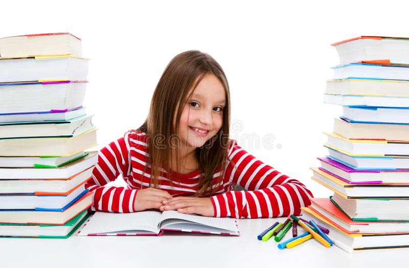 Girl Doing Homework Isolated on White Background Stock Photo - Image of ...