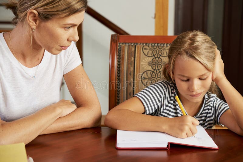 Girl Doing Homework Under Control On Mother Stock Image Image Of Mother Irritated 145763225