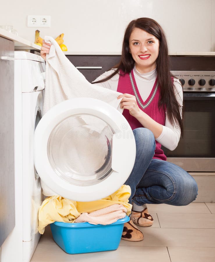 Girl Doing Laundry with Washing Machine Stock Photo - Image of ...