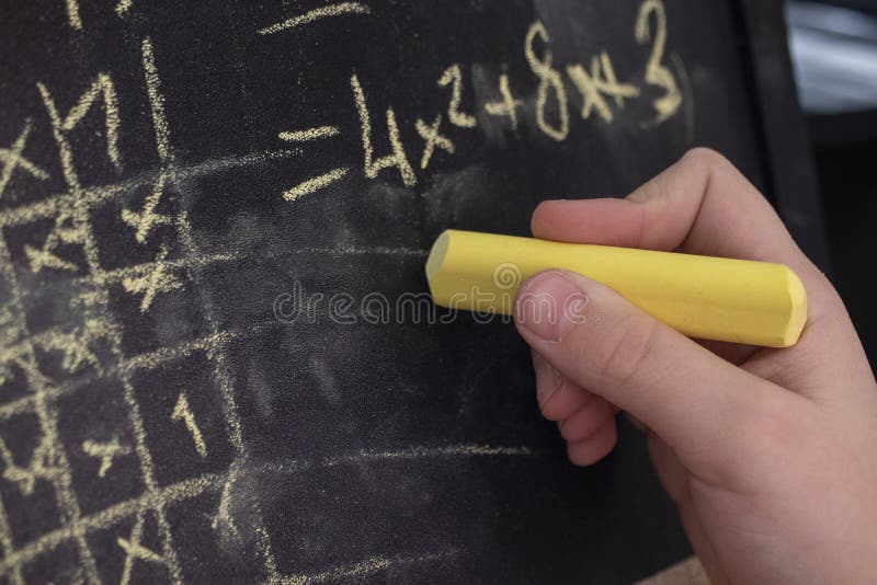 Girl Doing Math with Chalk on Blackboard. Stock Image - Image of desk ...