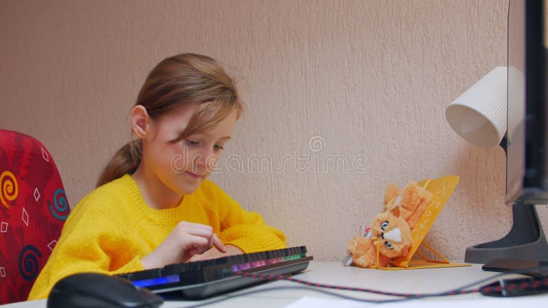 Girl Doing a Task at the Computer Stock Video - Video of childhood ...