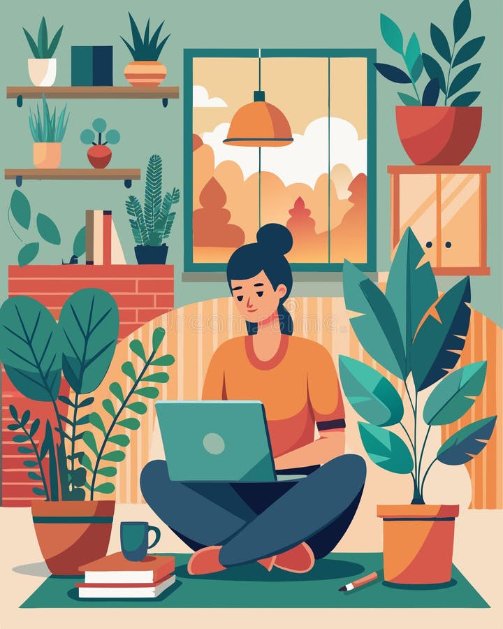 A Girl Doing Work from Home Stock Illustration - Illustration of ...