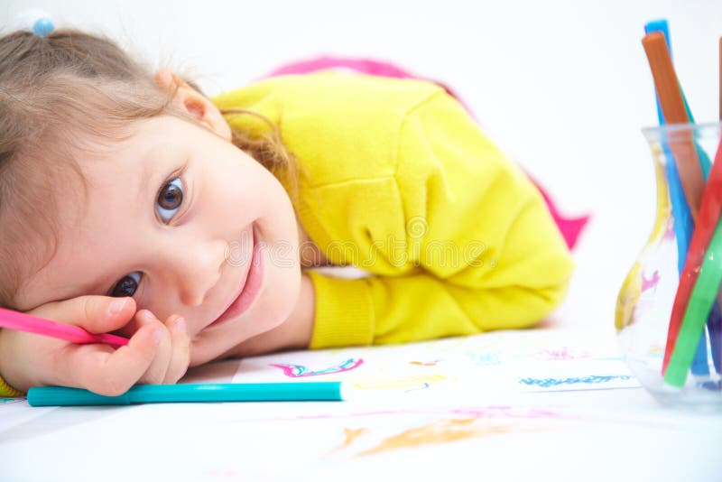 Girl is drawing stock photo. Image of homework, drawing - 29082316