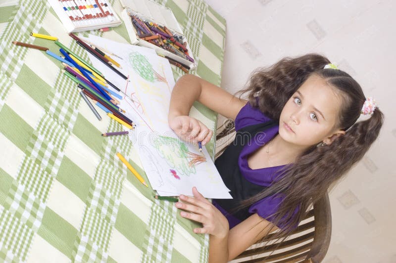 Girl drawing with crayons stock photo. Image of child - 16312494