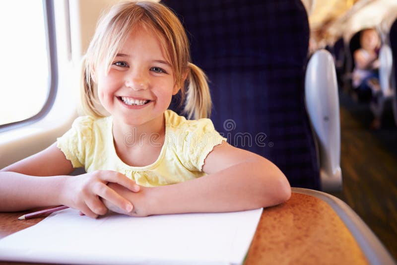 Girl Drawing Picture on Train Journey Stock Photo - Image of sitting ...