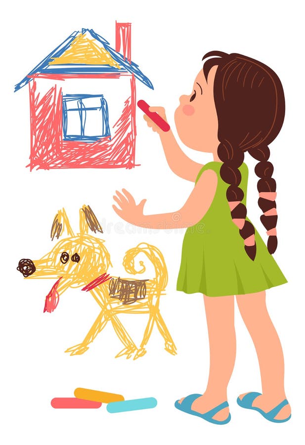 Girl Drawing on Wall. Cartoon Kid Creative Activity Stock Vector ...