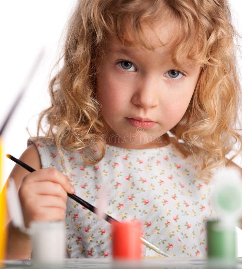 Girl, draws paint stock image. Image of paintbrush, looking - 18746007