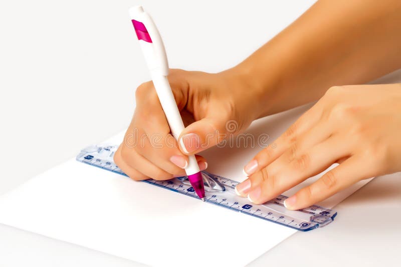Girl Draws a Pen on a Ruler on Paper Stock Image - Image of ...
