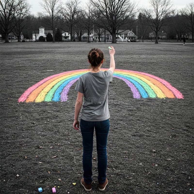 A Girl Draws a Rainbow with Crayons on the Black Ground in Spring ...