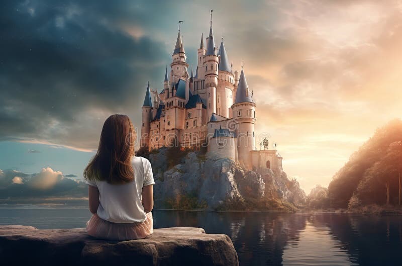 Girl Dream Castle Looking at Sunset. Generate Ai Stock Illustration ... Girl Dream Castle Looking at Sunset. Generate Ai Stock Illustration ...