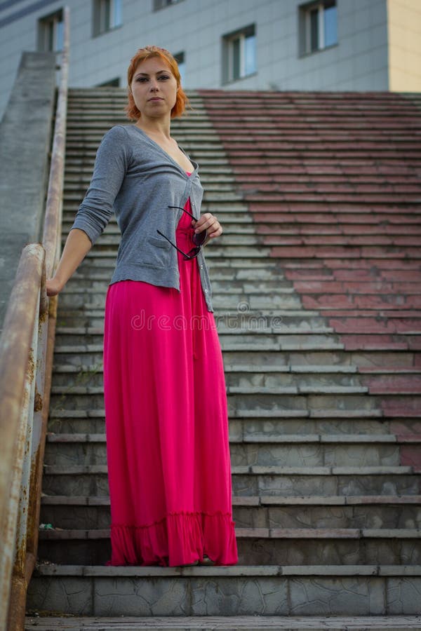 The Girl in the Dress Gathers Flowers Stock Image - Image of female ...