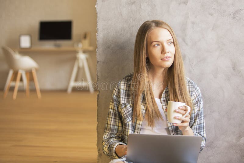 Girl Drinking Coffee, Using Laptop Stock Photo - Image of blogging ...