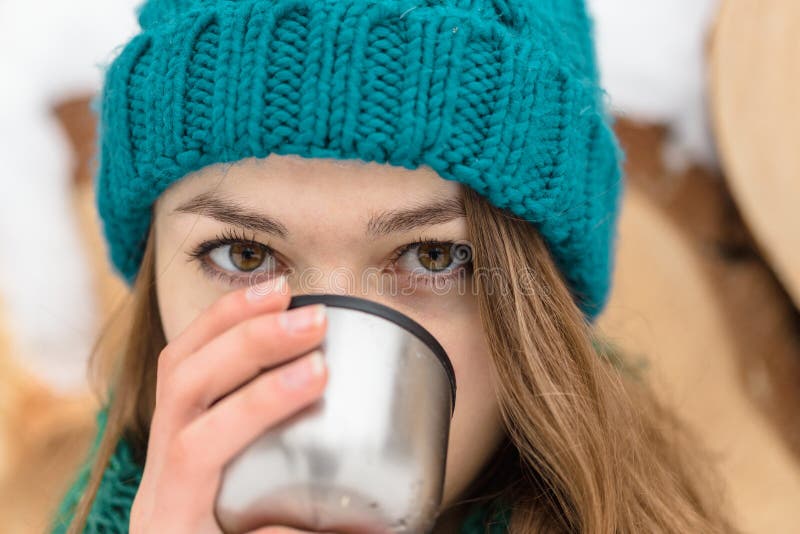 Girl Drinking Tea in the Cold Winter Stock Image - Image of thermos ...