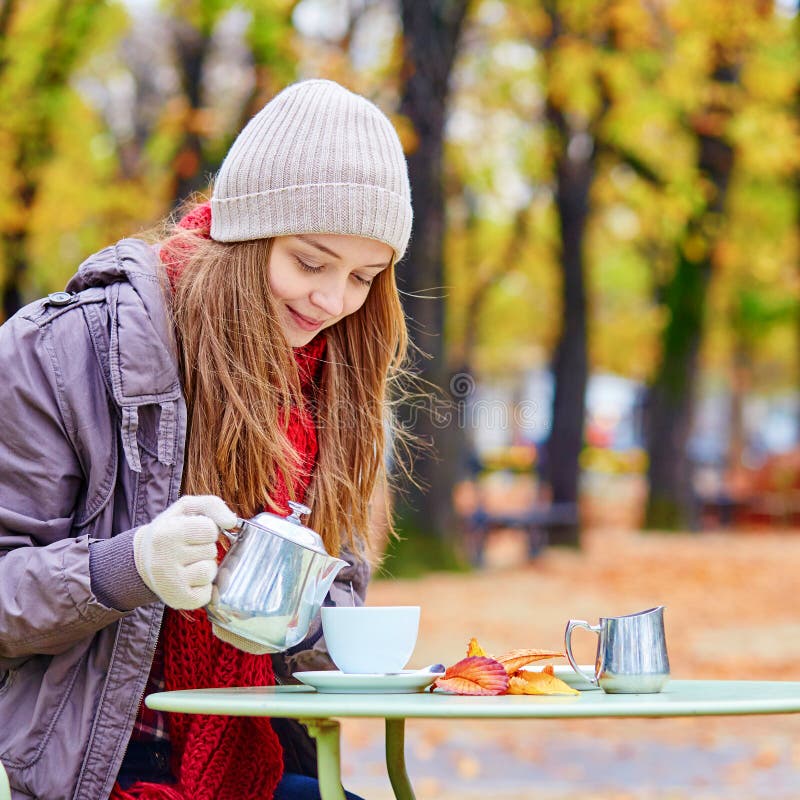 Girl Drinking Tea in a Parisian Cafe Stock Photo - Image of people ...