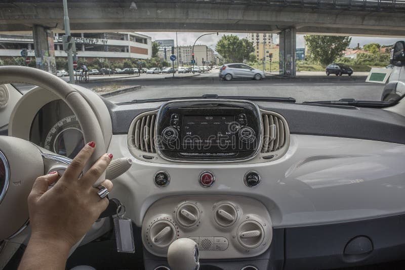 Girl Driving on the Promenade, View from Inside Car Stock Photo - Image ...