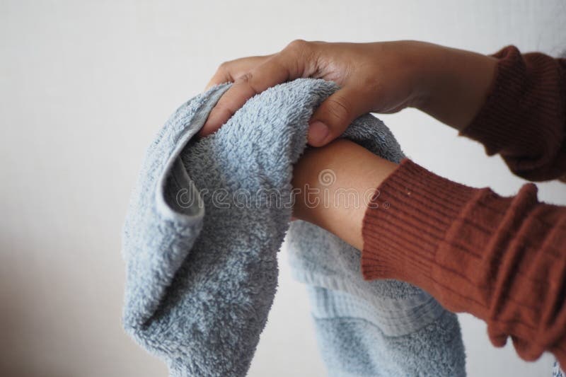 Girl Drying Her Hands in a White Towel, Stock Photo - Image of woman ...