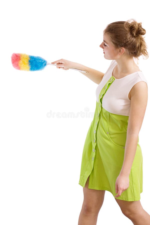 Girl with dust feather stock photo. Image of duster, beauty - 16085306