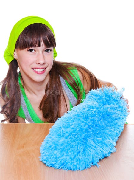 Girl with a duster stock photo. Image of happy, blue - 30335802