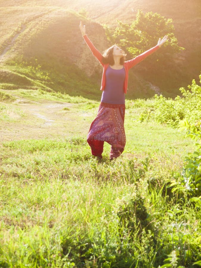 Girl in Eastern Dress, Dancing in Nature. Stock Image - Image of nature ...