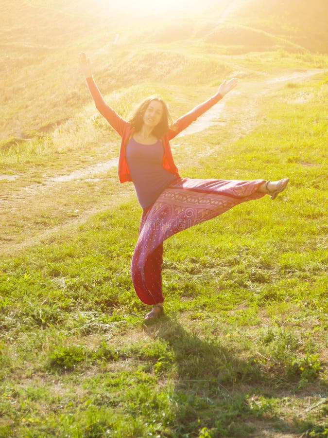 Girl in Eastern Dress, Dancing in Nature. Stock Image - Image of dancer ...