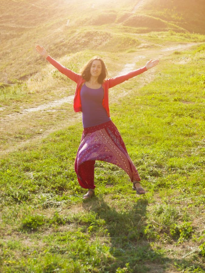 Girl in Eastern Dress, Dancing in Nature. Stock Image - Image of nature ...