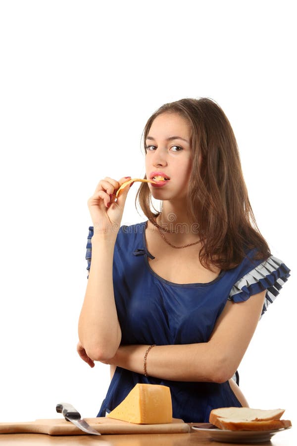 Girl eat chees stock image. Image of beautiful, lunch - 16341877