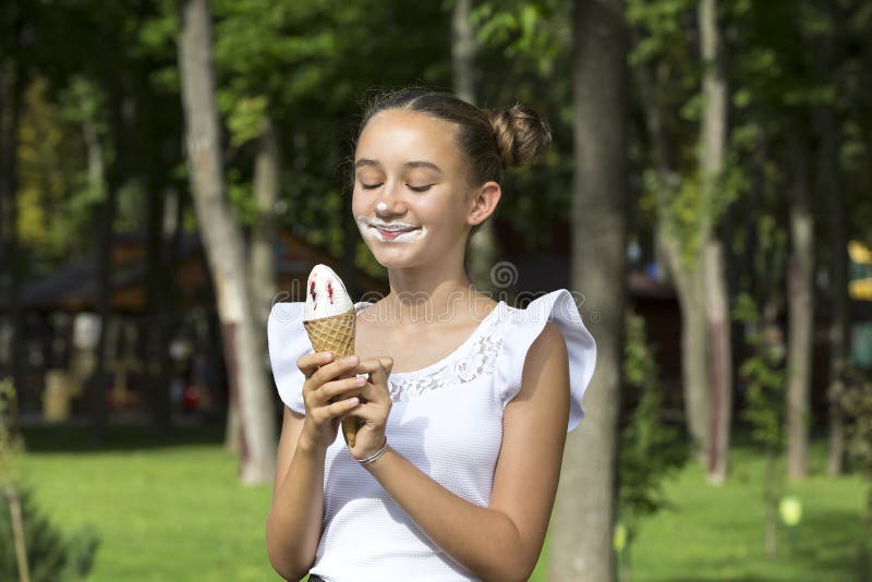 Girl eating ice cream stock image. Image of child, healthy - 94692385