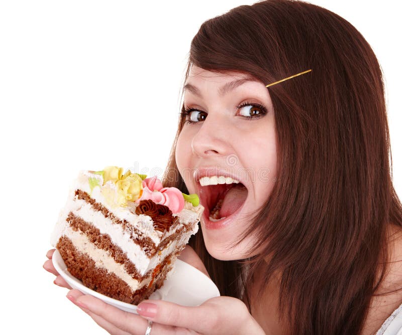 Girl eating piece of cake. stock photo. Image of cake - 12687280