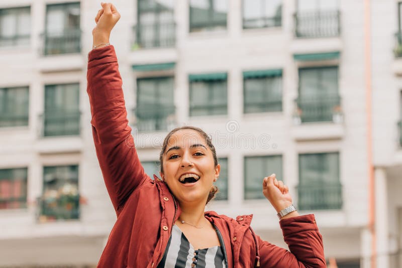 Girl Elated with Joy Outdoors Stock Photo - Image of celebrating ...