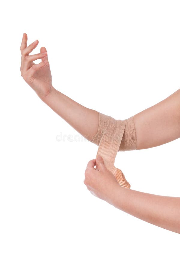 A Man Pulls an Elastic Bandage on a Sprain of the Gastrocnemius Muscle ...