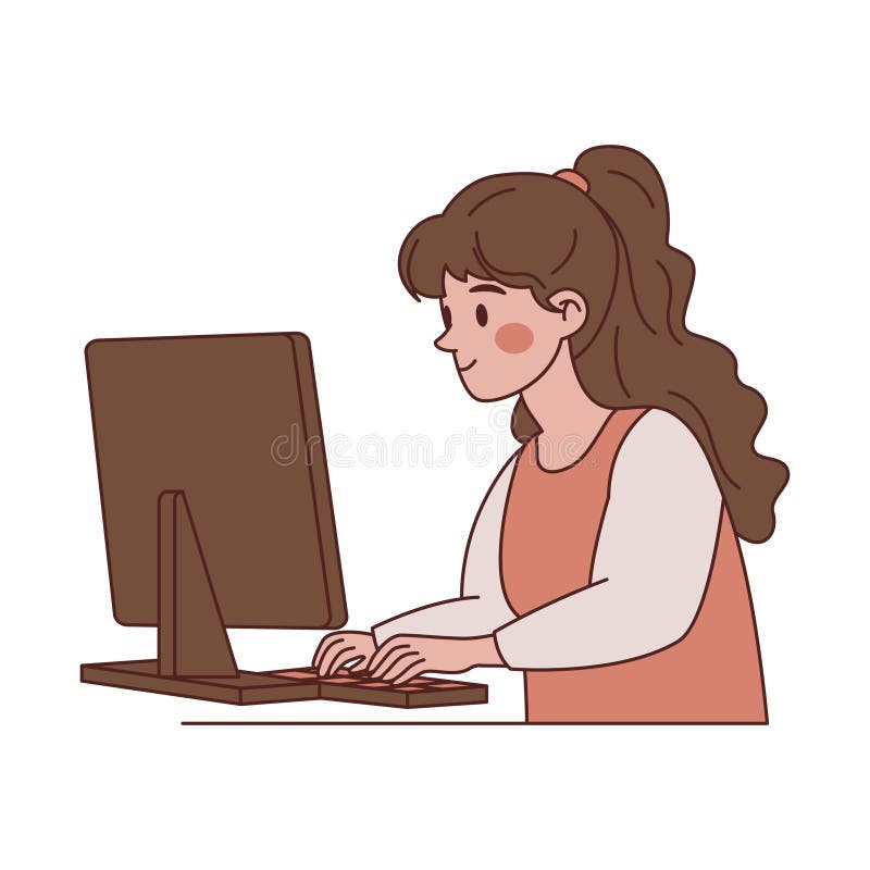 Girl Employee Cartoon Character Typing on Keyboard Working with ...