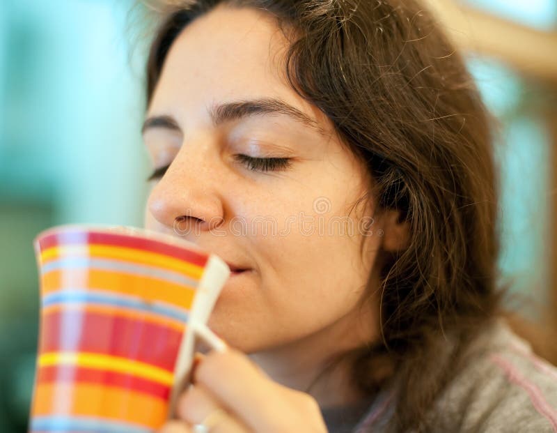 Girl Enjoying a Good Cup of Drink Stock Image - Image of smell, happy ...