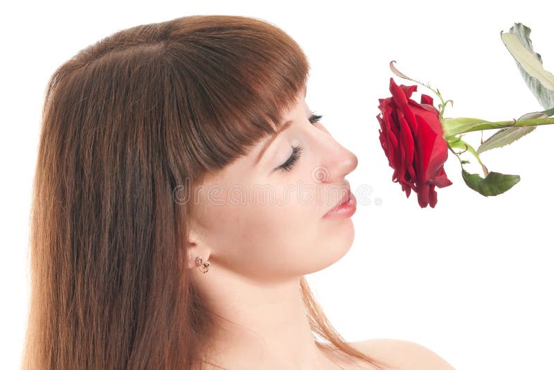 Girl Enjoys a Smell of Rose Stock Photo - Image of isolated, cheerful ...