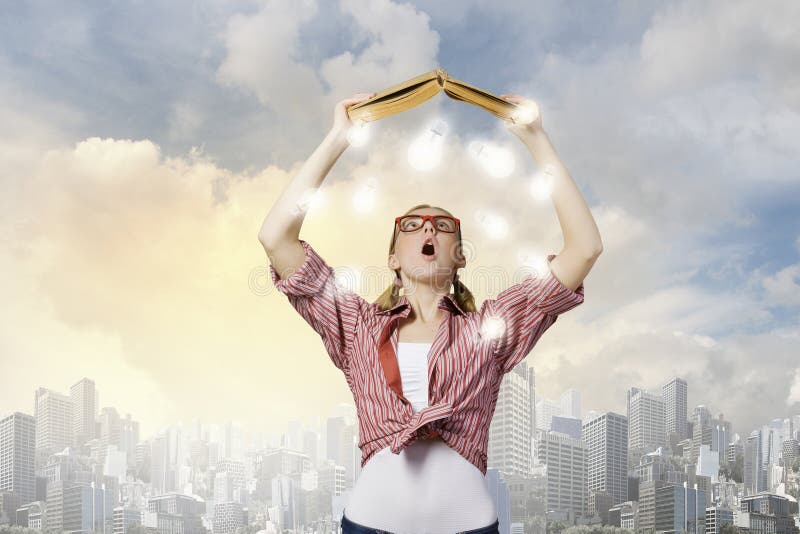 Girl excited with book stock image. Image of glasses - 56166619