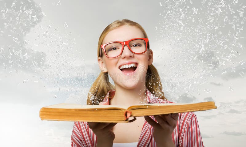 Girl excited with book stock image. Image of education - 56333573