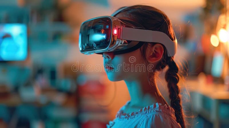 Girl Exploring a Virtual Reality Headset Futuristic Classroom Room for ...