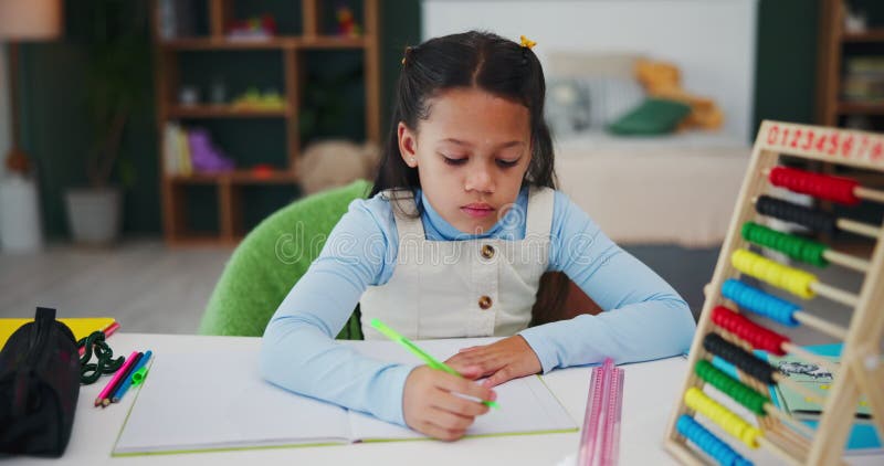 Girl, Face and Bored with School, Writing and Assignment for Education ...