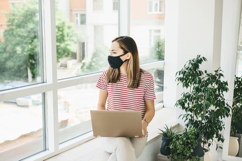 Girl with Face Mask and Laptop. Stock Image - Image of laptop, illness ...