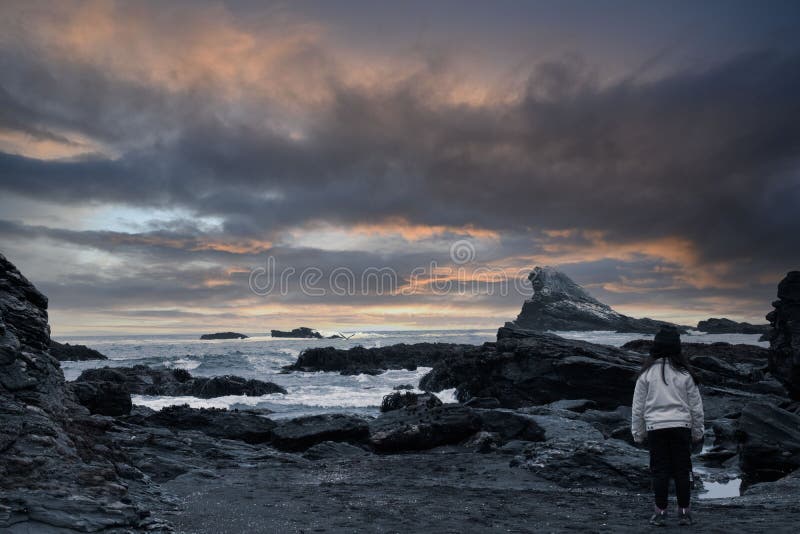 Girl Facing the Ocean at Sunset Stock Image - Image of water, nature ...