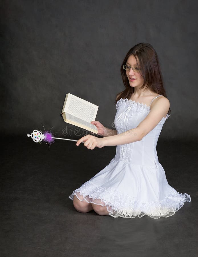 Girl - Fairy with Magic Wand and Book in Hands Stock Image - Image of ...