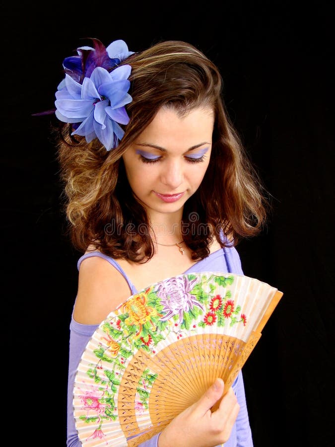 The girl with a fan stock photo. Image of chinese, hair - 1420610