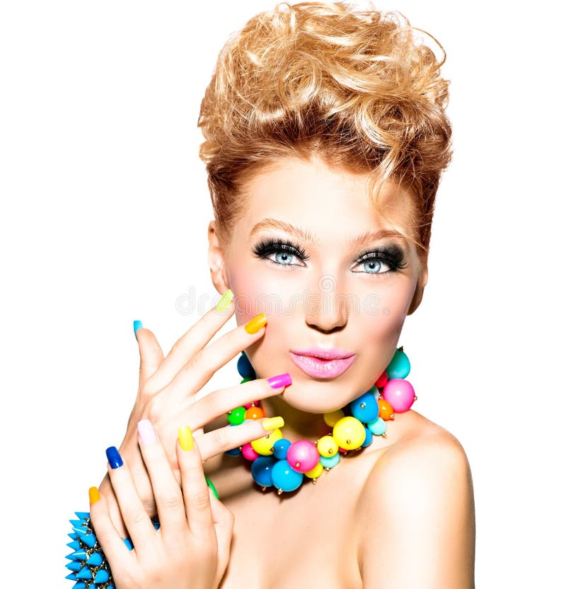Beauty Girl With Colorful Makeup Nail Polish Stock Image Image Of