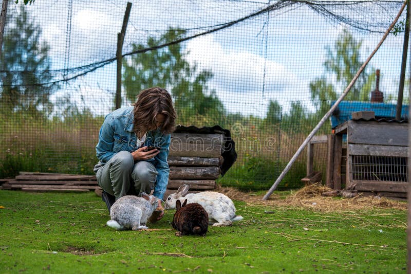 Girl Feeding Rabbits with Grain from a Plastic Cup on Farm Stock Image ...