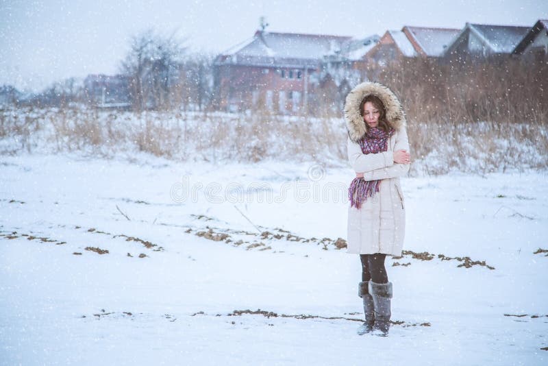 Girl is Feeling Cold in Snow Stock Image - Image of scarf, chilly: 48787427